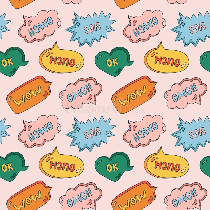 Cute Seamless Pattern with Speech Bubbles with Short Messages. Backdrop ...