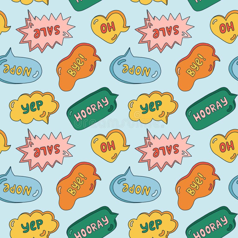 Cute Seamless Pattern with Speech Bubbles with Short Messages. Backdrop ...