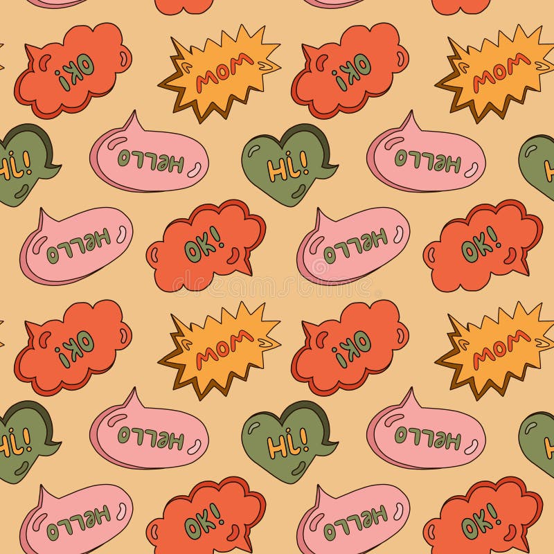 Cute Seamless Pattern with Speech Bubbles with Short Messages. Backdrop ...