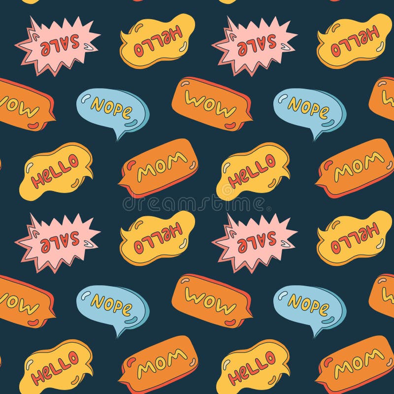 Cute Seamless Pattern with Speech Bubbles with Short Messages. Backdrop ...