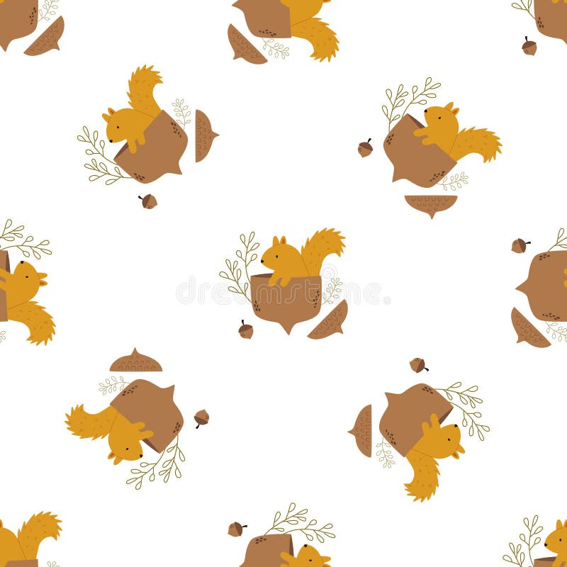 Cute Seamless Pattern with Squirrels in Nuts. Stock Vector - Illustration of baby, doodle: 193456800