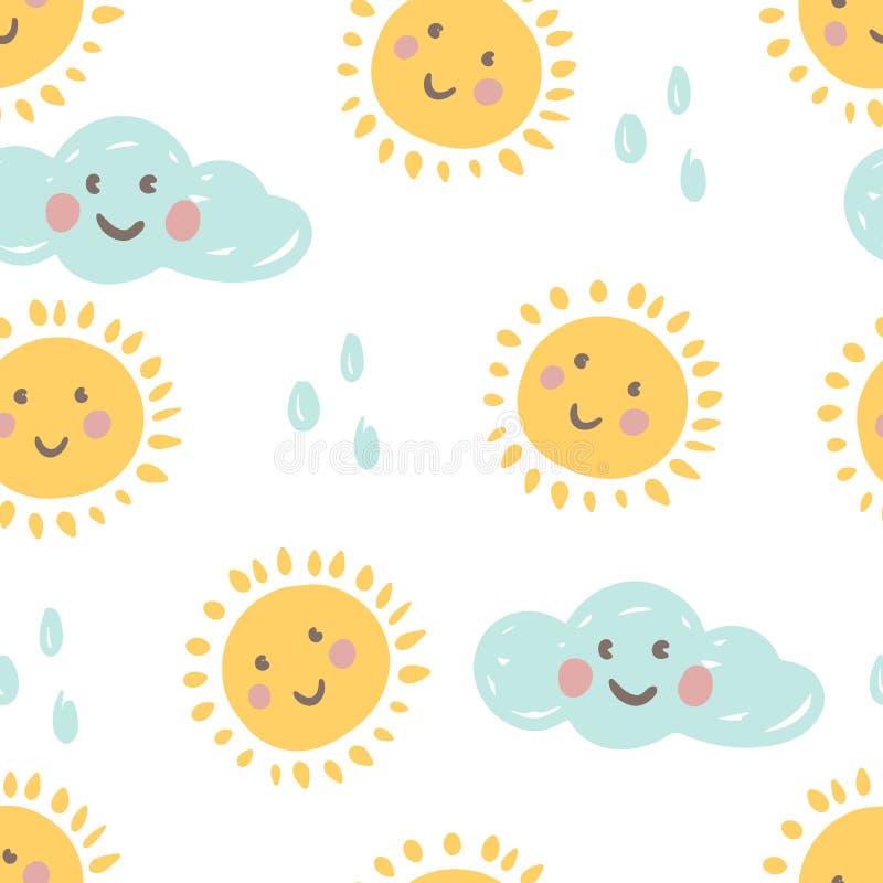 Cute Seamless Pattern with Sun Clouds and Raindrops Stock Vector - Illustration of cloud, soft ...