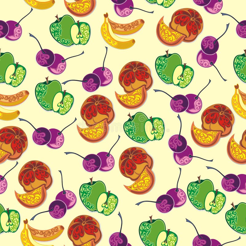 Cute Seamless Pattern with Sweet Cherry, Apple, Orange, Banana Stock ...