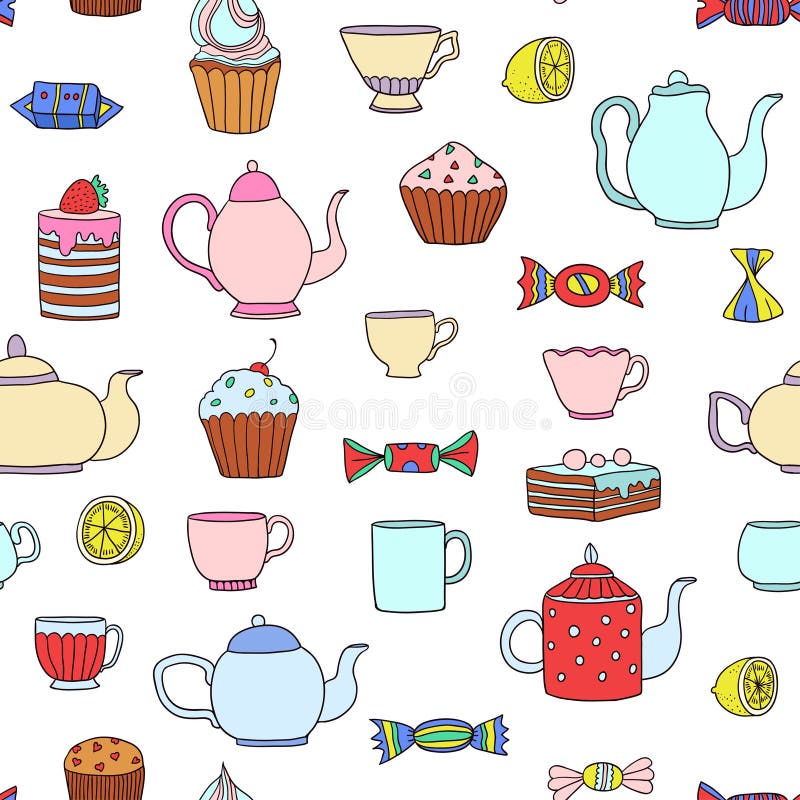 Cute Seamless Pattern with Tea Time Elements Stock Vector ...