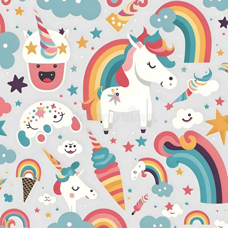 Cute Seamless Pattern with Unicorns, Rainbow, Ice Cream and Clouds. Vector Illustration Stock ...