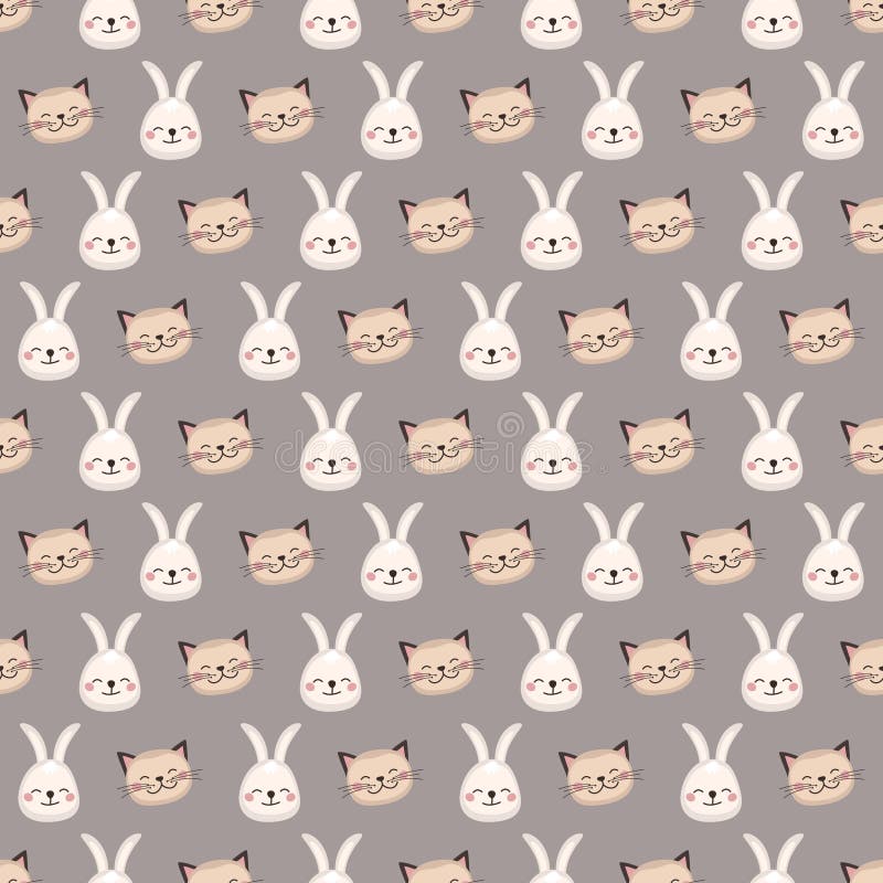 Cute Seamless Print with Head of Rabbit and Cat with Smile Muzzle and ...