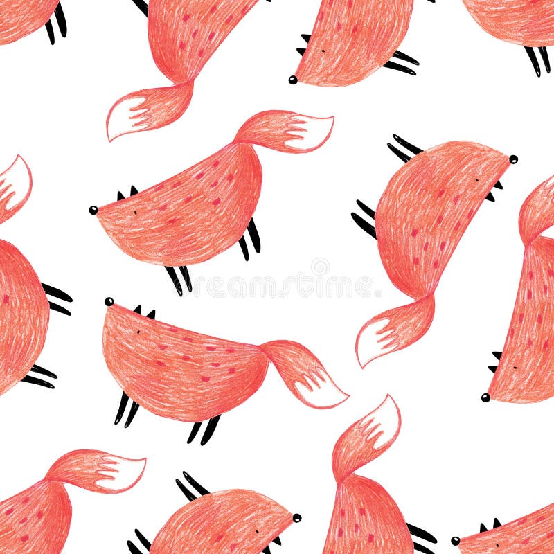 Cute Seamless Repeating Color Hand-drawn Pattern with Red Foxes on a ...