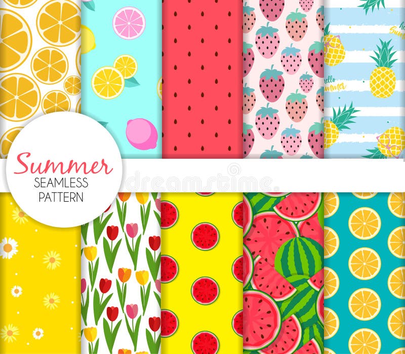 Cute Seamless Summer Pattern Collection Set Vector Illustration Stock ...