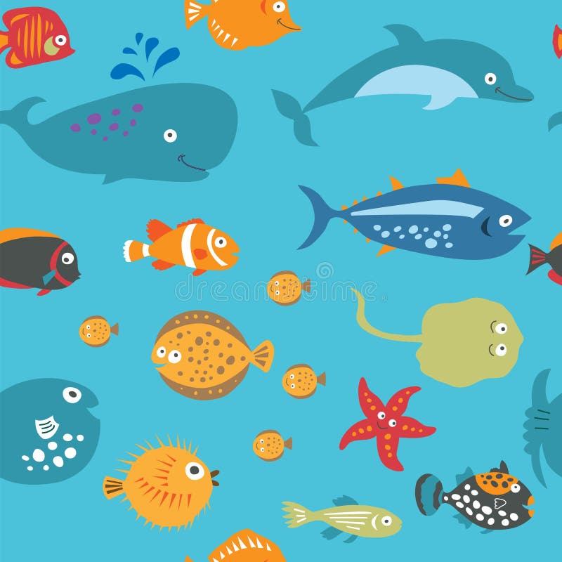 Cute Seamless Texture with Cartoon Fish on a Blue Background Stock ...