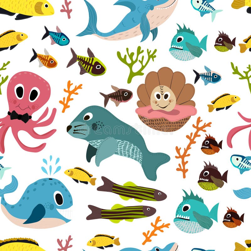 Cute Seamless Underwater Texture Design. Cartoon Style Stock Vector ...