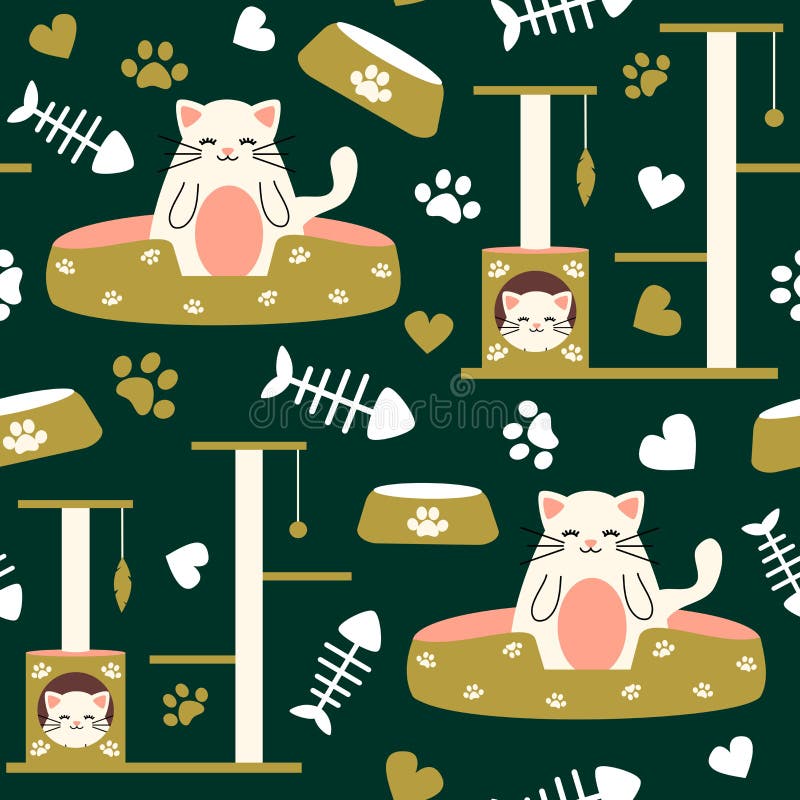 Cute Seamless Vector Pattern Illustration with Cat, Scratching Post ...