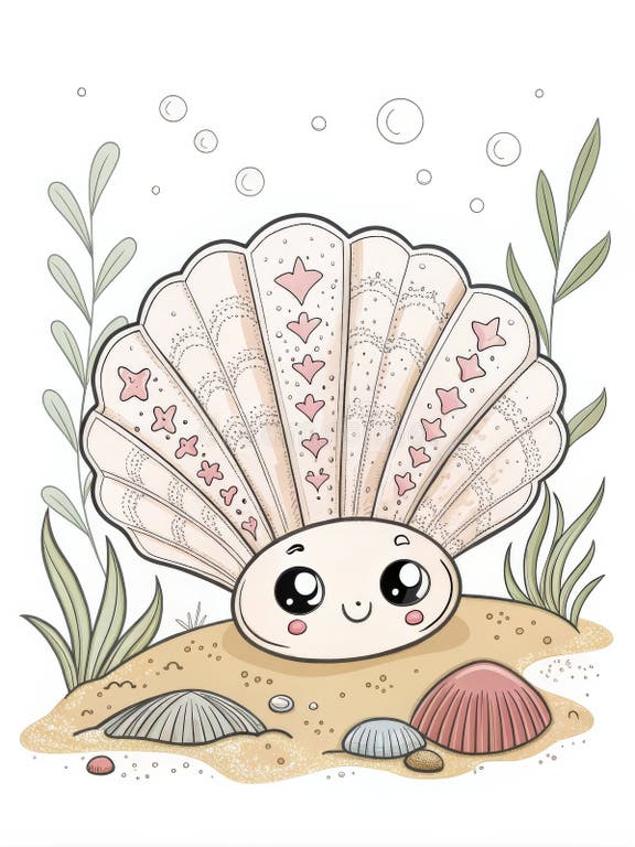 Cute Seashell Character Underwater Illustration, Ocean ,shell Stock ...