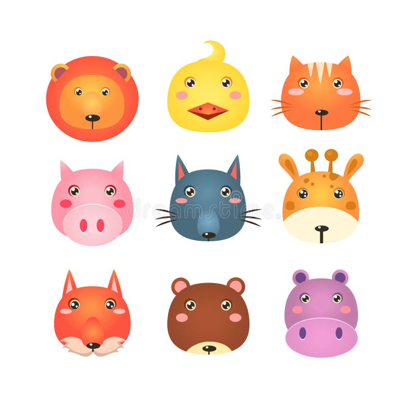 Cute Set of Cartoon Animal Heads Vector Stock Vector - Illustration of ...