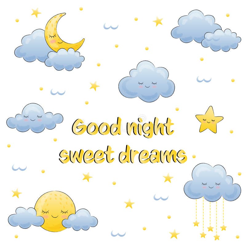 Cute Set of Clouds, Moon and Stars Good Night Stock Illustration ...