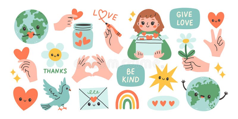 Cute Set of Stickers with Kindness and Love. Includes Phrases and ...