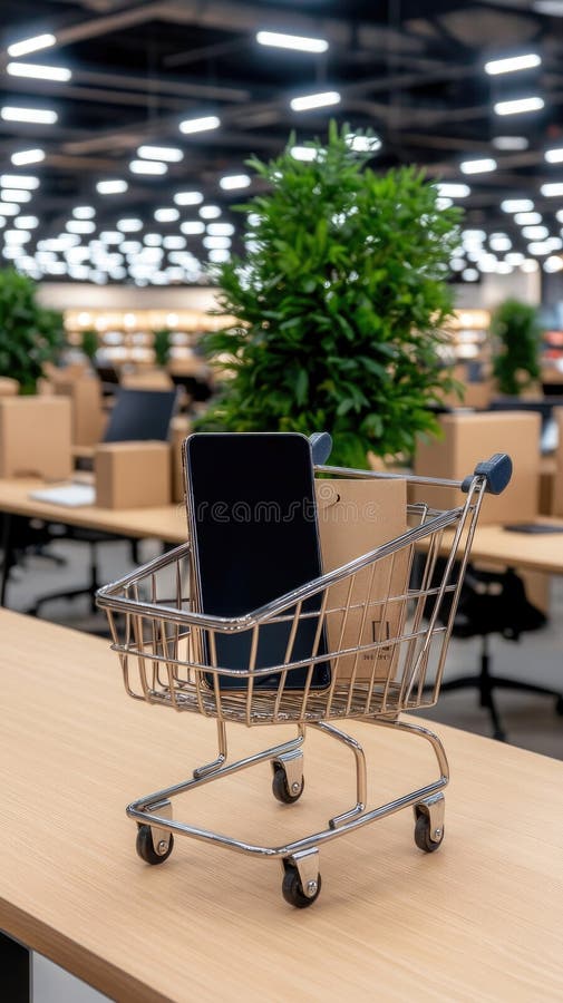 Cute Setup Features a Small Shopping Cart, Notebook, and Laptop on an ...