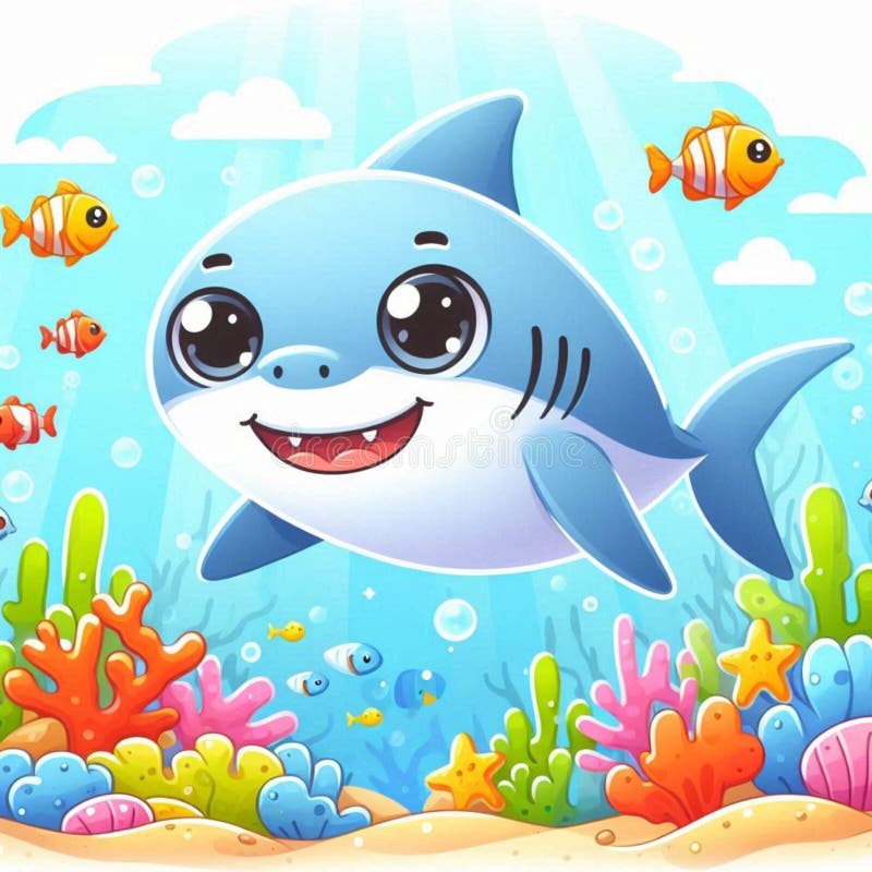 Cute Shark with Cute and Funny Faces Swimming in the Ocean 4 Stock ...