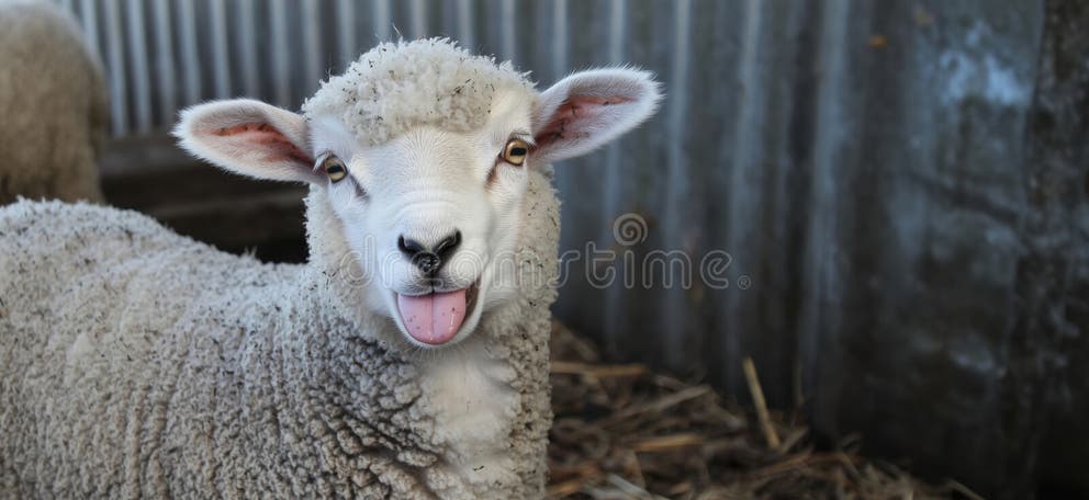 Cute Sheep with Fluffy Wool and Playful Expression in Farm Setting ...