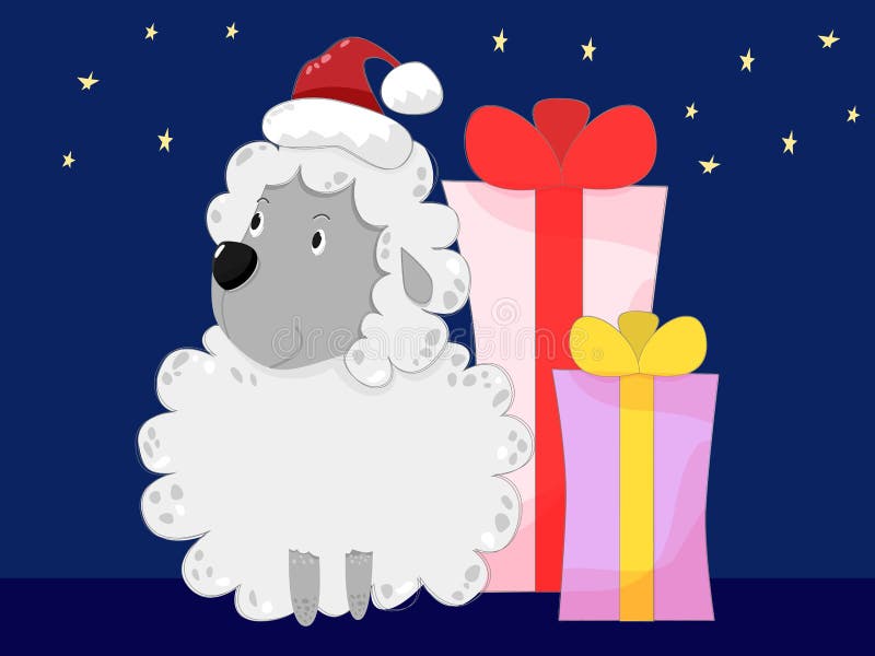 Cute Sheep in Hat with Christmas Gift Stock Vector - Illustration of ...