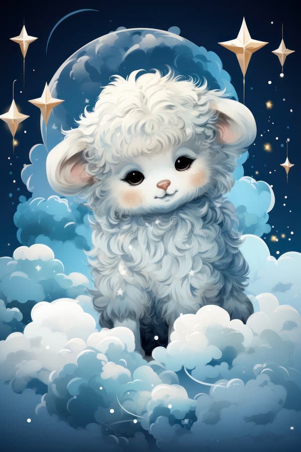 Cute Sheep Sleeping on a Cloud Watercolor Drawing. Generative AI Stock ...