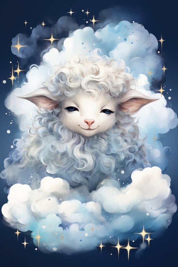 Cute Sheep Sleeping on a Cloud Watercolor Drawing. Generative AI Stock ...