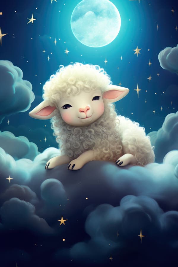 Cute Sheep Sleeping on a Cloud Watercolor Drawing. Generative AI Stock ...