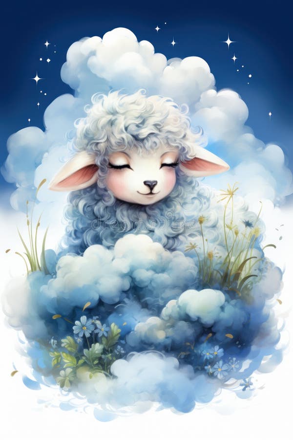 Cute Sheep Sleeping on a Cloud Watercolor Drawing. Generative AI Stock ...