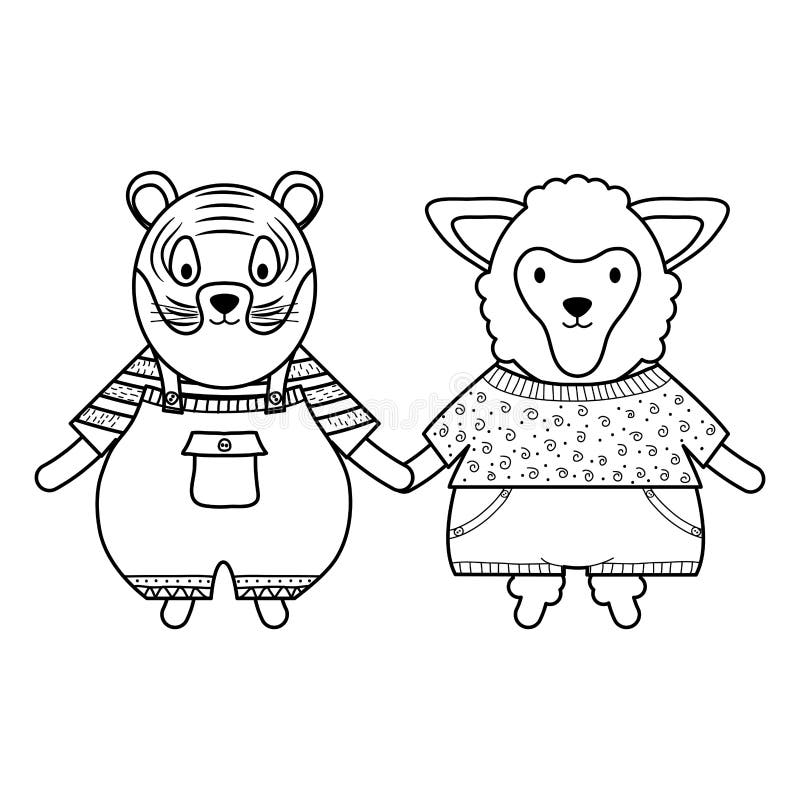 Cute Sheep and Tiger with Umbrella Stock Vector - Illustration of ...