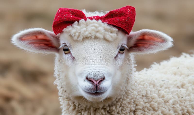 Cute Sheep Wearing Red Bow on Head with Fluffy Wool in Natural Setting ...