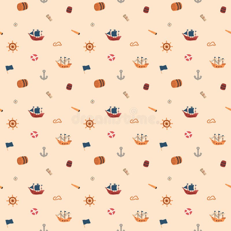Cute Ship and Sailboat Seamless Pattern. Cartoon Nautical Items and ...