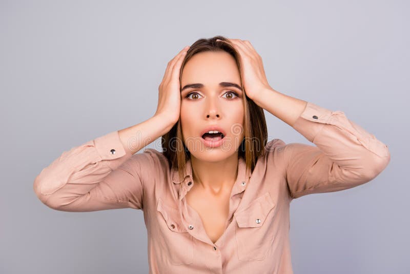 Really Cute Shocked Brown Haired Lady Is Amazed With Wide Open Stock