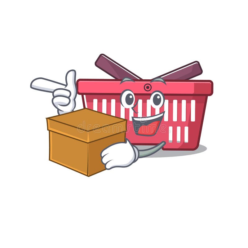 Cute Shopping Basket Cartoon Character Having a Box Stock Vector ...