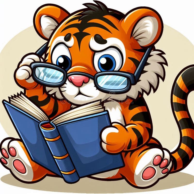 Cute Short-sighted Tiger Student Wearing Spectacles Reading Book ...