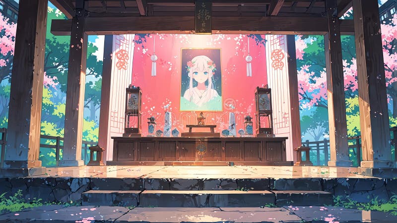 Cute Shrine Interior Perspective Anime Style Background Stock ...