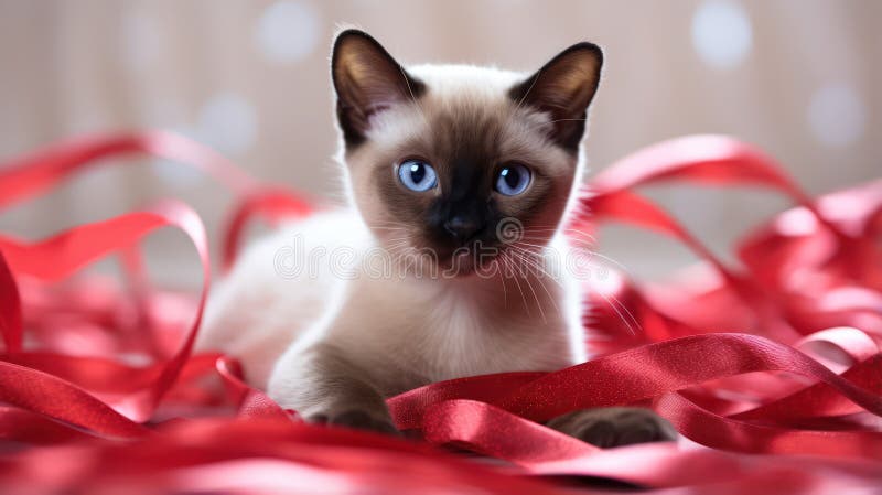 Cute Siamese Cat Playing with Red Ribbon AI Generated Stock ...