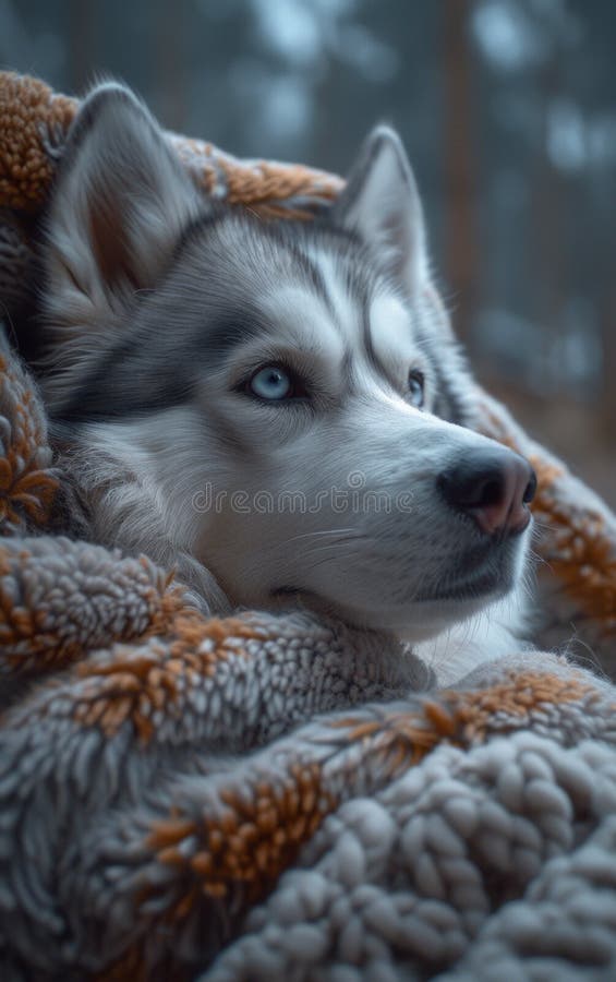 Cute Siberian Husky Dog Resting on Blanket in Winter Forest Stock Image ...