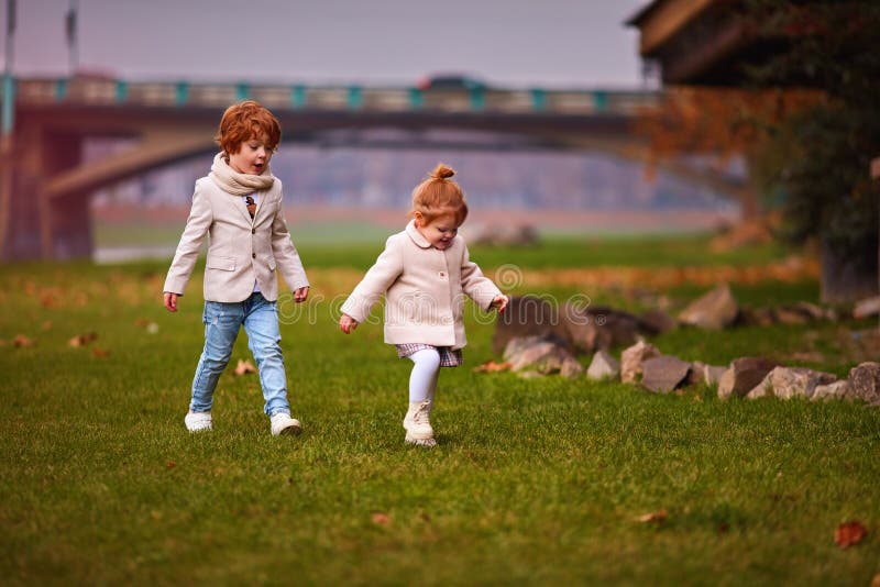 Cute Siblings, Kids Having Fun on Autumn Field Stock Photo - Image of ...