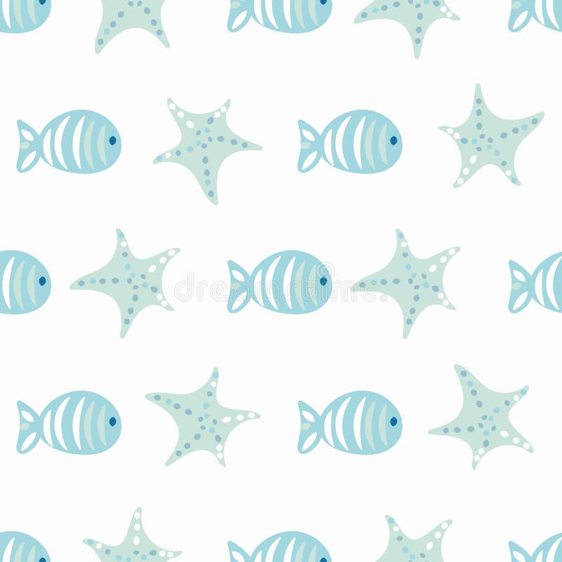 Cute Simple Fish and Starfish Seamless Vector Pattern in Pastel Blue on ...