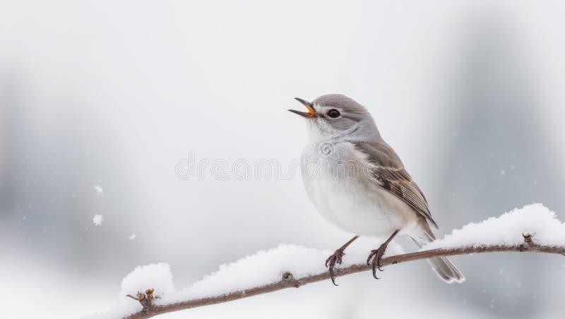 Cute Singing Bird Perched on Snowy Branch in Winter Landscape. Stock ...