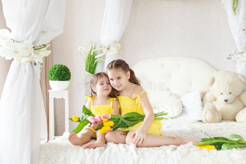 Cute Little Girls in Spring Studio Stock Photo - Image of romantic ...