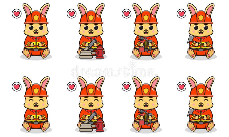 Vector Illustration of Cute Sitting Rabbit with Firefighter Costume ...
