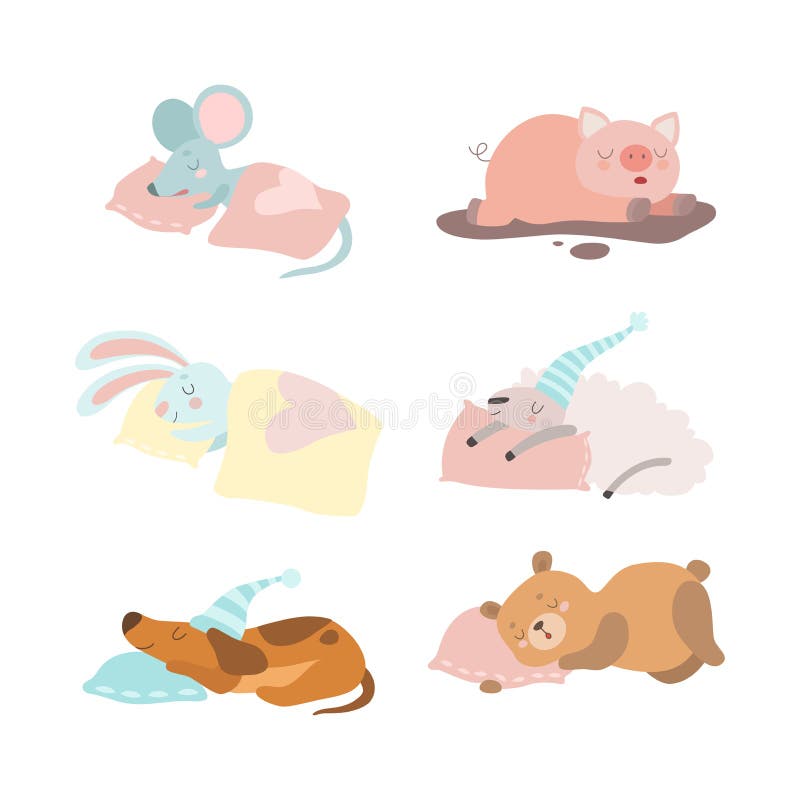 Cute Sleeping Animals Lying on Pillow Having Bedtime Rest Vector Set ...