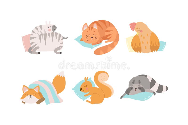 Cute Sleeping Animals Lying on Pillow Having Bedtime Rest Vector Set ...