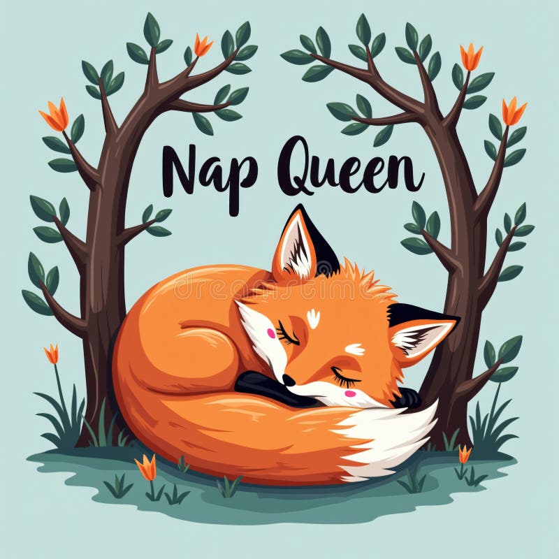 Cute Sleeping Fox Nap Queen T-Shirt Design Stock Illustration ...