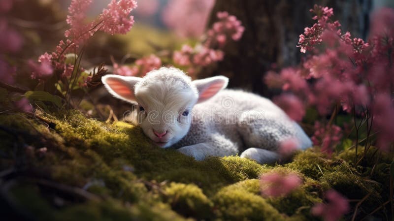 Cute Sleeping Lamb in Forest with Wildflowers, Ai Stock Illustration ...