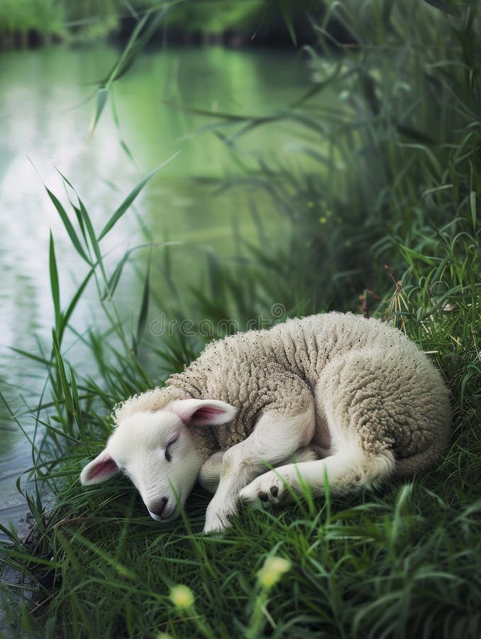 Cute Sleeping Lamb on Green Pasture. Generative AI. Stock Illustration ...
