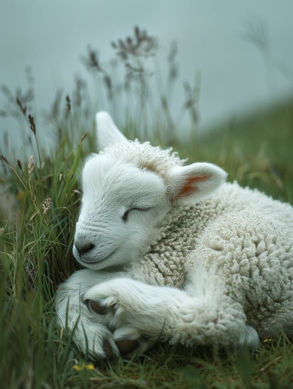 Cute Sleeping Lamb on Green Pasture. Generative AI. Stock Illustration ...