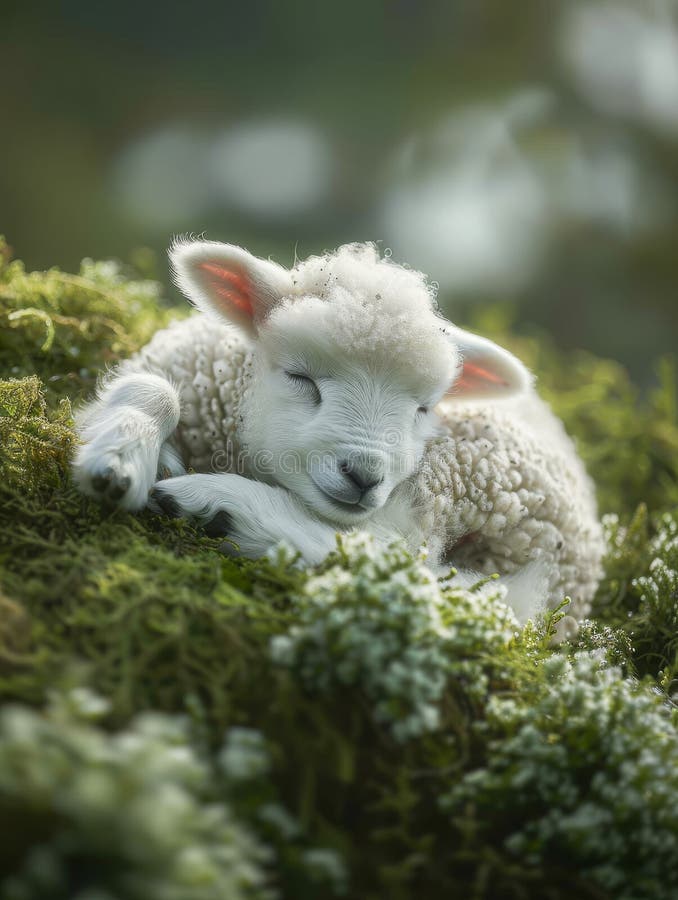 Cute Sleeping Lamb on Green Pasture. Generative AI. Stock Illustration ...