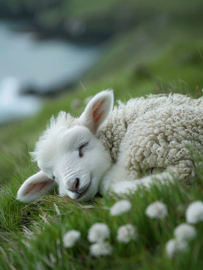 Cute Sleeping Lamb on Green Pasture. Generative AI. Stock Illustration ...
