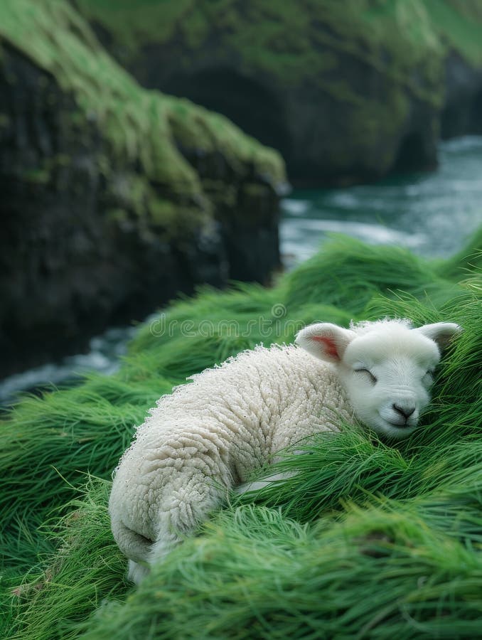 Cute Sleeping Lamb on Green Pasture. Generative AI. Stock Illustration ...